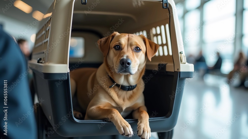Dog in the airline cargo pet carrier waiting at airport Stock Photo ...