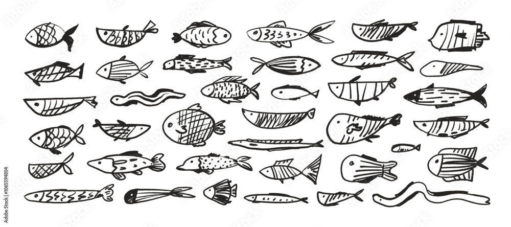 Various crayon drawn cute fish with decorative patterns. Hand drawn ...
