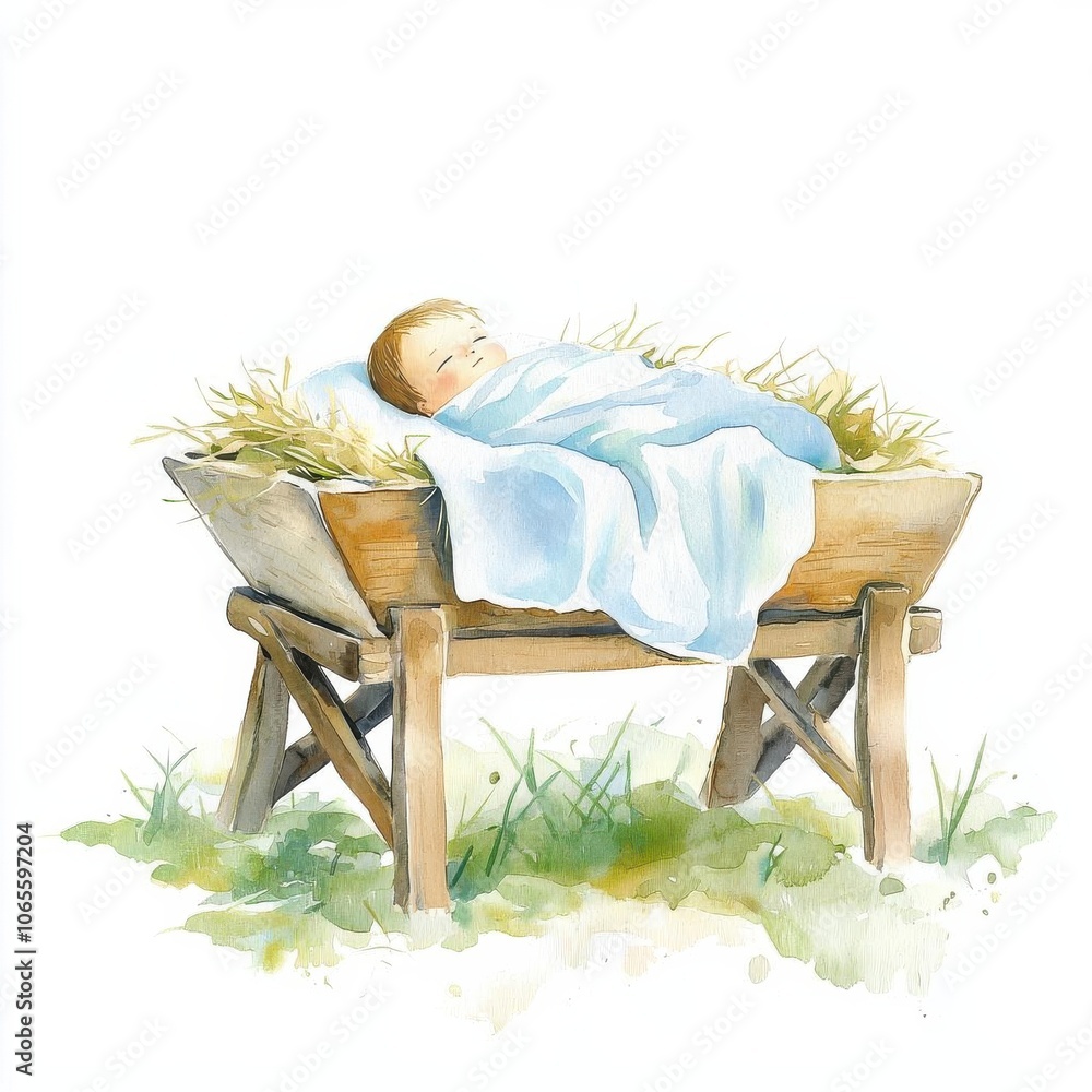 Jesus in a wooden cradle with soft hay clipart, nativity detail, gentle ...