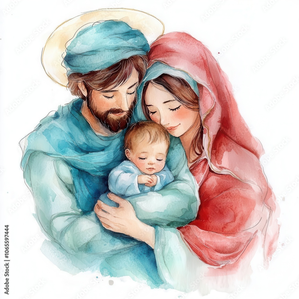 Mary and Joseph with baby Jesus clipart, holy family, gentle watercolor ...