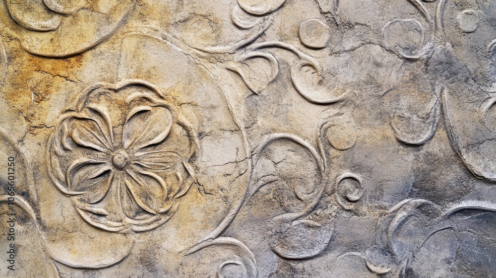 High angle of stamped concrete texture resembling natural stone with ...