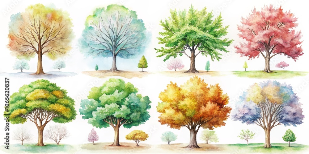 Watercolor Illustration of Eight Trees in Different Seasons with Small ...