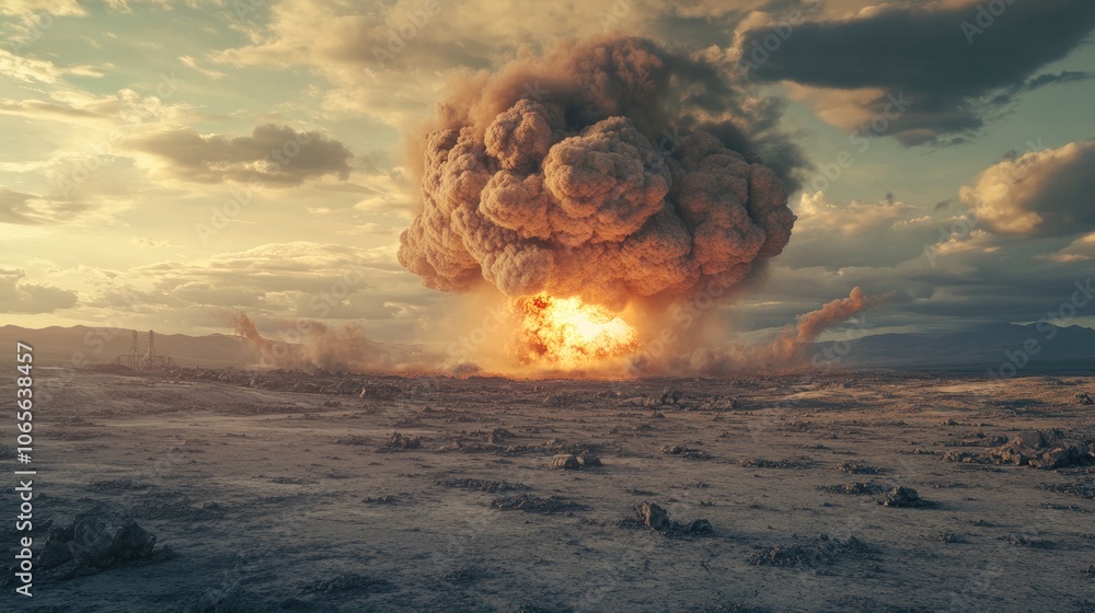 Devastating explosion of a bomb creating a mushroom cloud in a barren ...