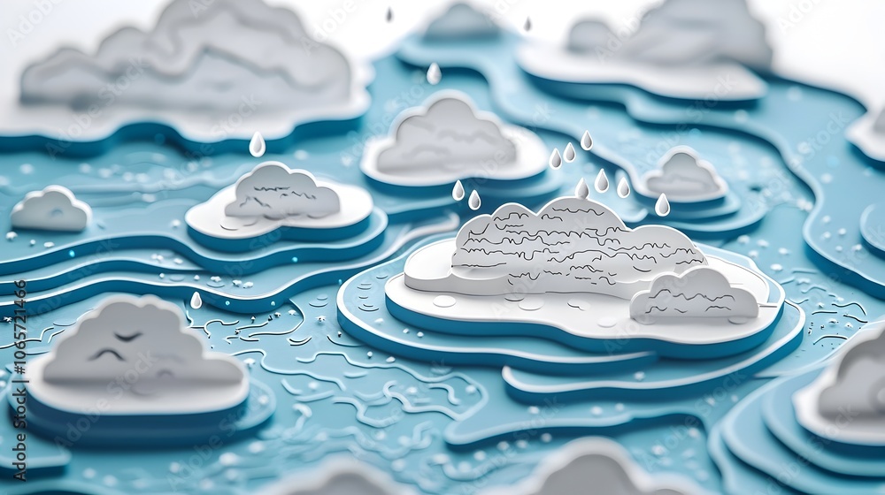 Layered paper cut style of a weather map with clouds rain and ...