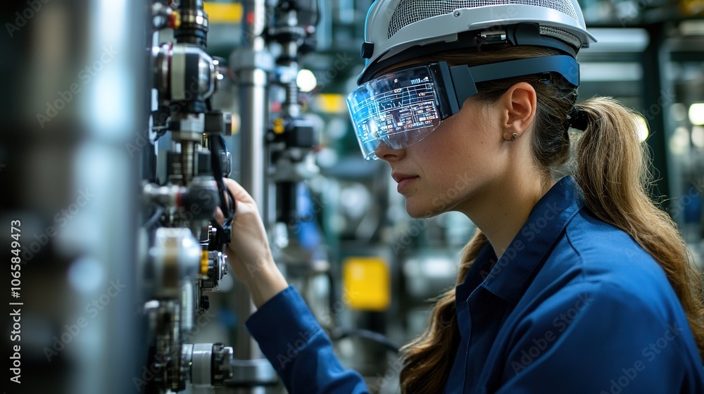 Engineers using smart glasses to access data overlays on equipment for maintenance checks Stock ...