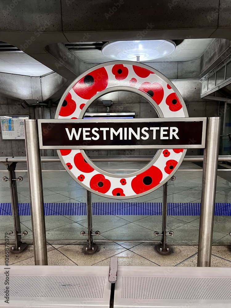 London Underground, Westminster Tube Station sign decorated with ...