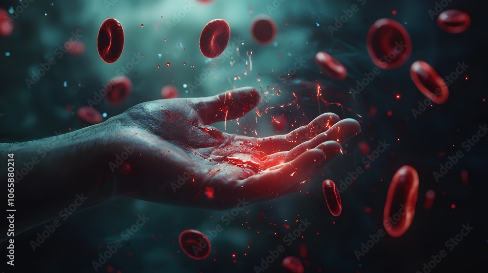 Red blood cells in flow around human hand. Haemophilia, blood disorders ...