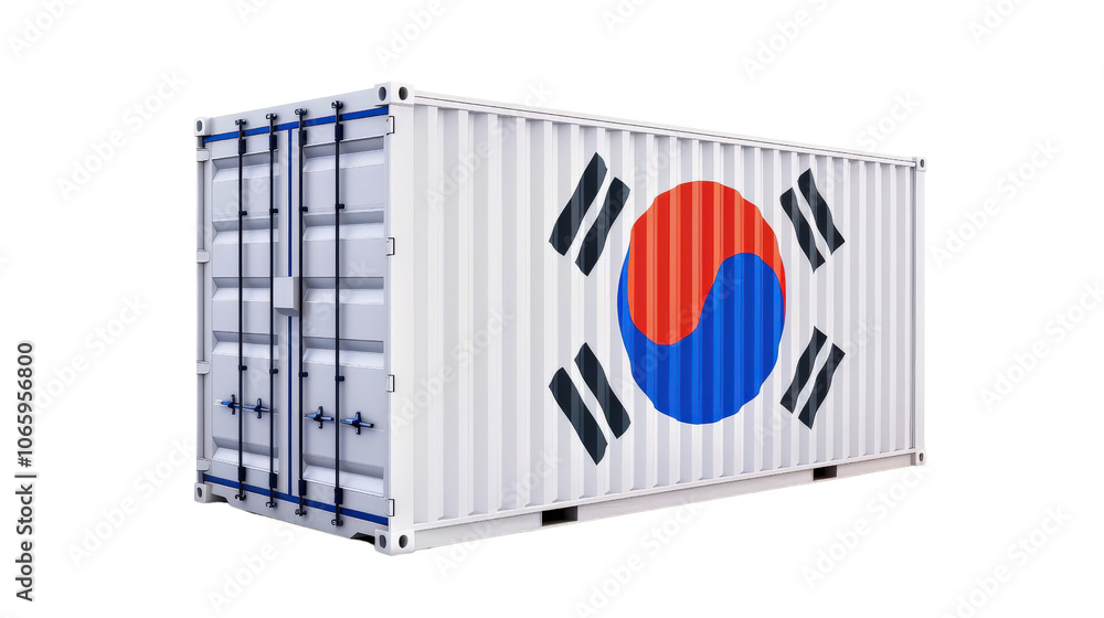 Shipping container with South Korean flag design, white isolate ...