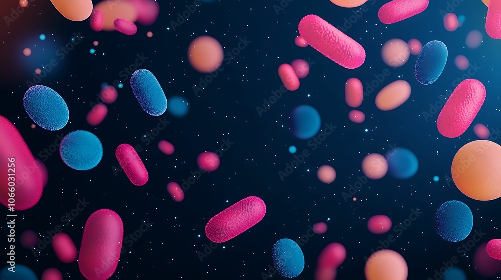 Colorful, microscopic bacteria and microbial structures floating in a ...