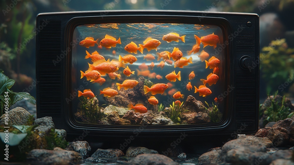 A vintage television set sits in a forest setting, its screen filled ...