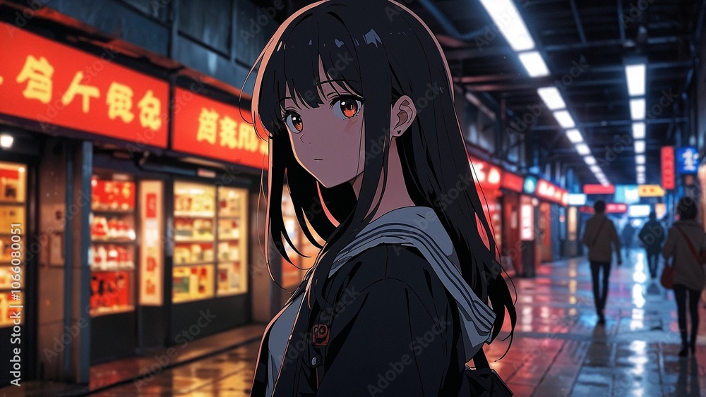 Illustration Stock Stunning Anime Girl In a Subway at Night HD ...