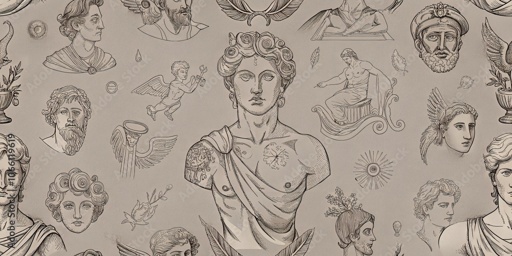 Classical mythology illustrations: ancient greek and roman art line ...