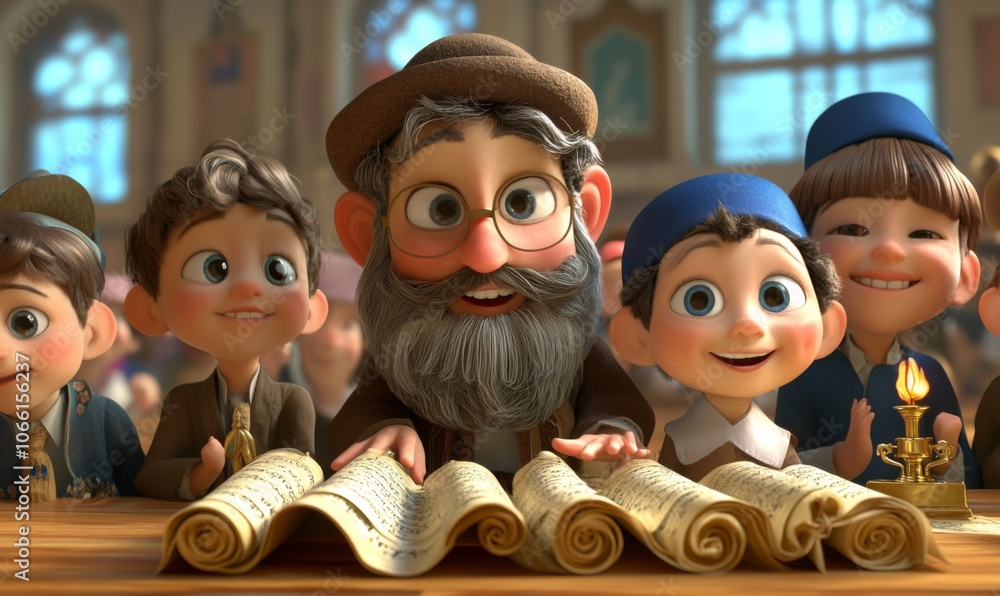 3D rabbi teaching children in a synagogue with Torah scrolls and ...