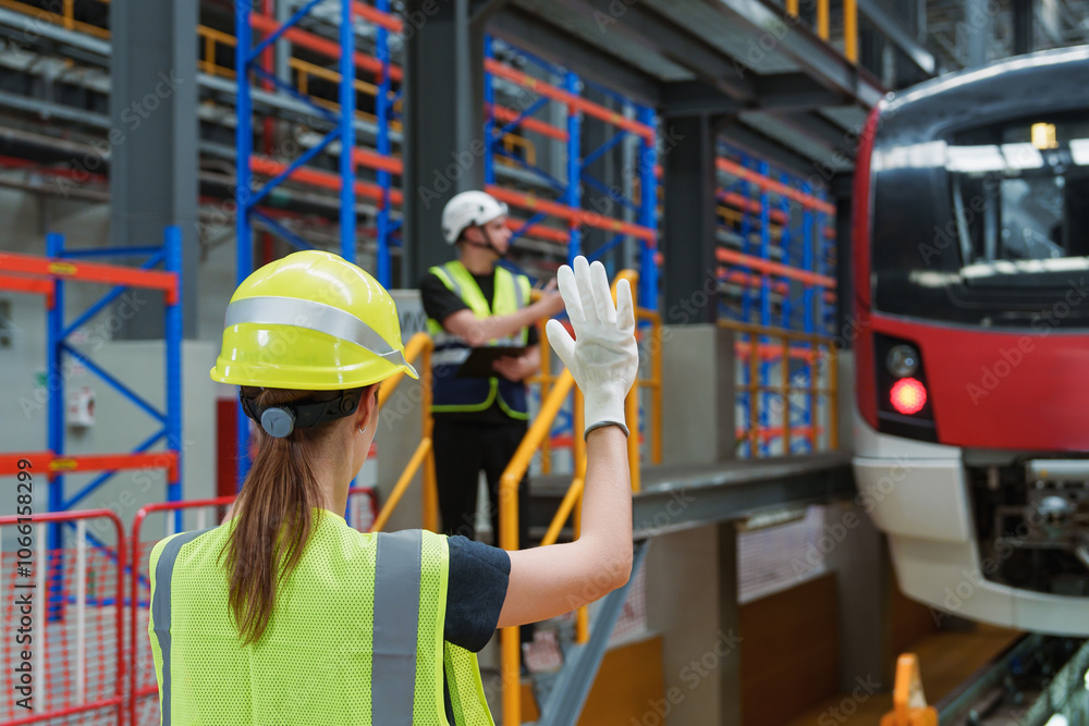 Female traffic controller in safety vest jacket with green hard hat ...