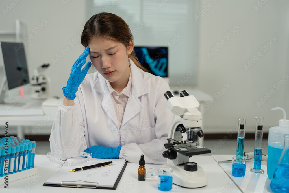 Young scientist woman wearing lab coat and gloves is having a bad ...