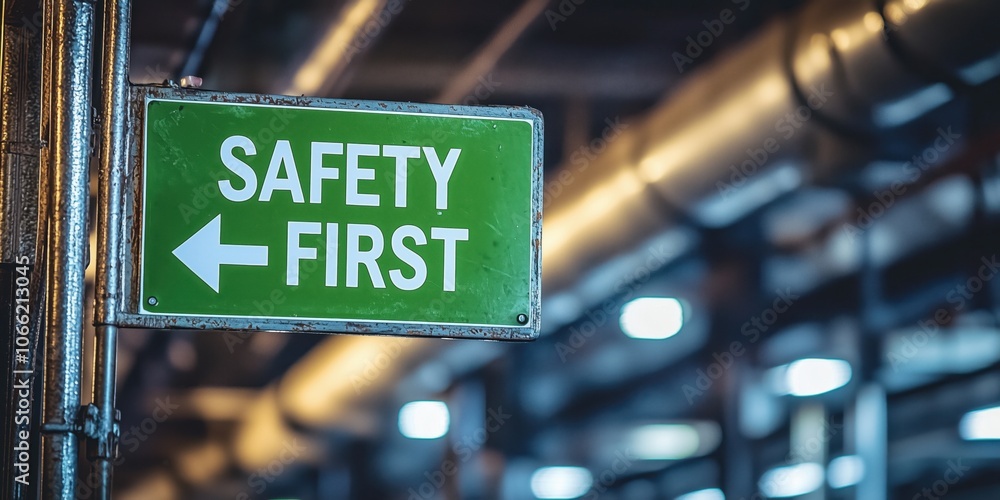 Green "Safety First" sign with a left-pointing arrow in an industrial ...
