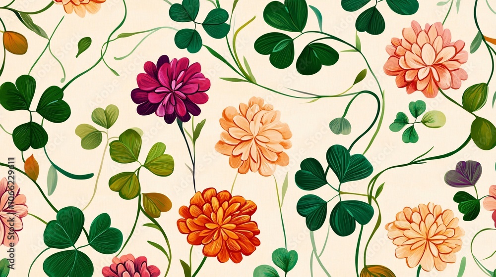 112.A repeating pattern of clover flowers in full bloom, their soft ...