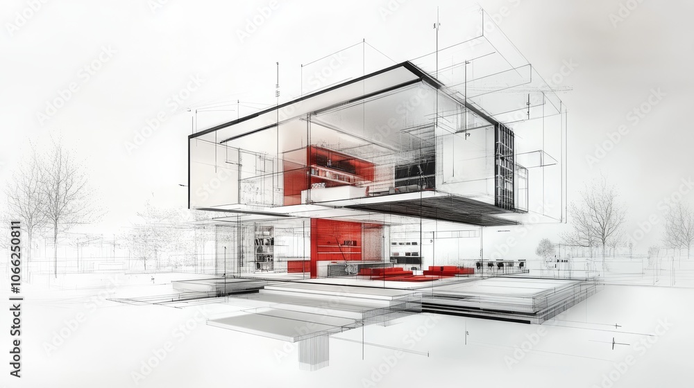 2410_083.minimalist house design concept, sectional 3d model, floating ...