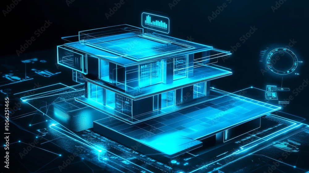 2410_050.futuristic property technology visualization, glowing architectural model, interactive ...