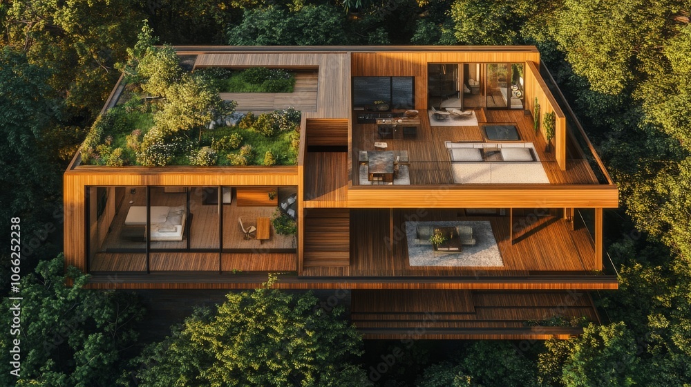 2410_026.aerial view of modern wooden house model, open floor plan ...