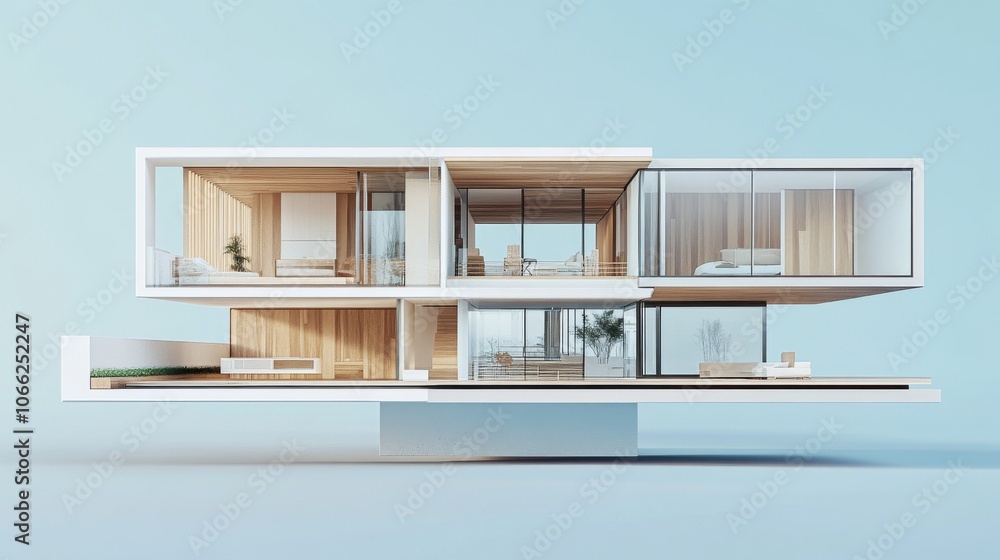 2410_071.exploded view 3d render of modern two-story house, floating ...