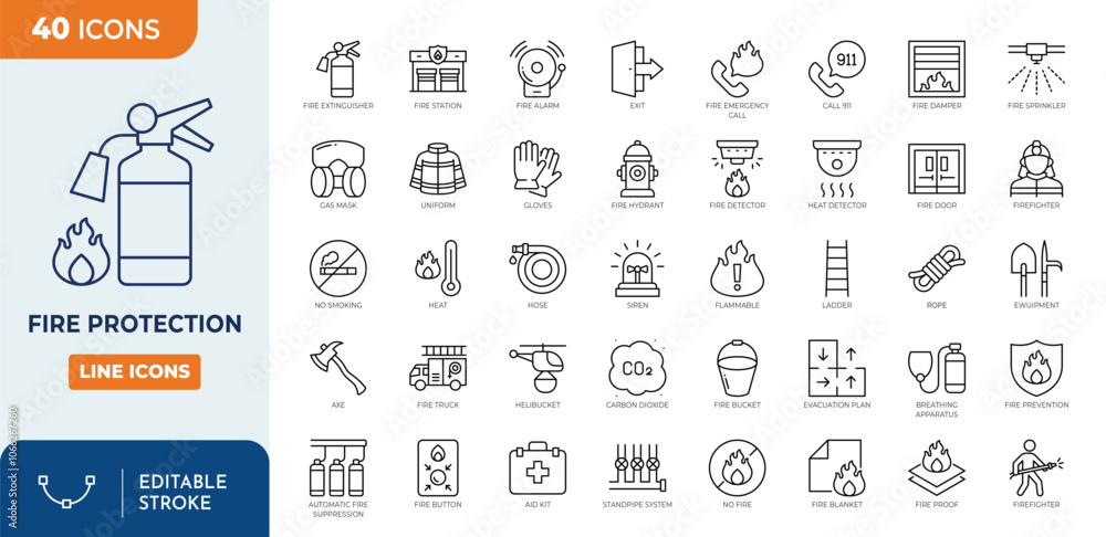 Fire Protection icon set. Outline Icon Collection. Vector illustration ...