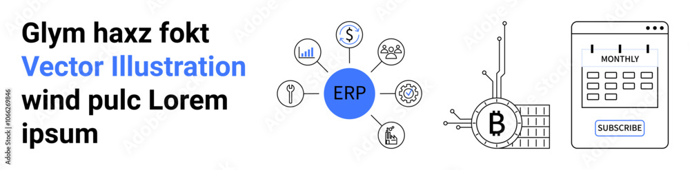 Central ERP hub with connected icons graph, dollar, team, gear and ...
