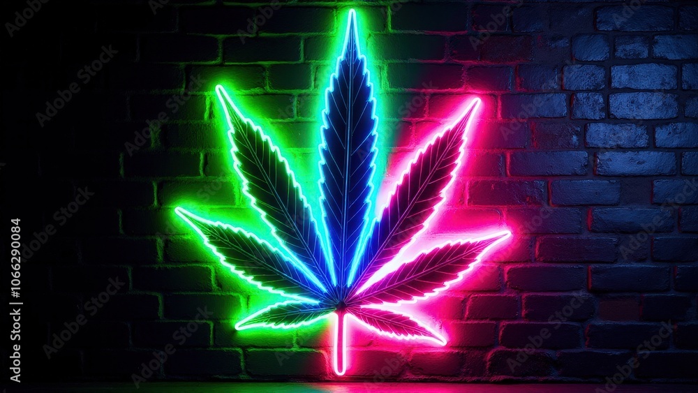 Glowing marijuana leaf neon sign with green and pink lights, casting ...