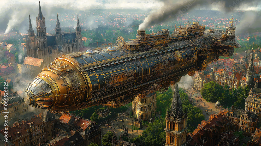 A colossal steampunk airship soars above a historic cityscape, casting ...