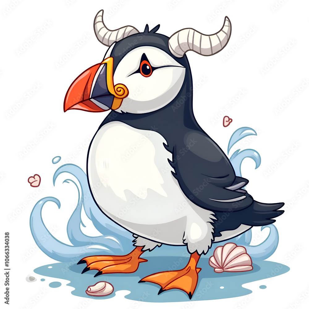 A vibrant and quirky puffin stands proudly by the ocean, showcasing its ...