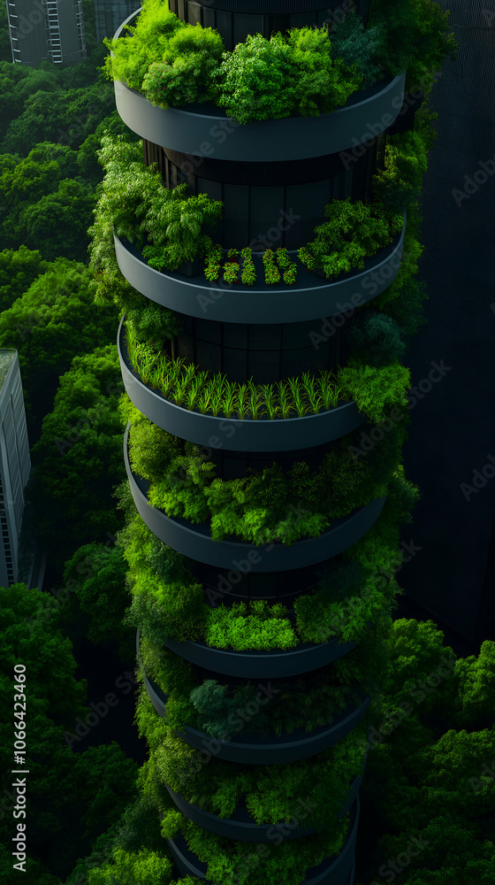 Circular balconies of a modern high rise building are adorned with lush ...