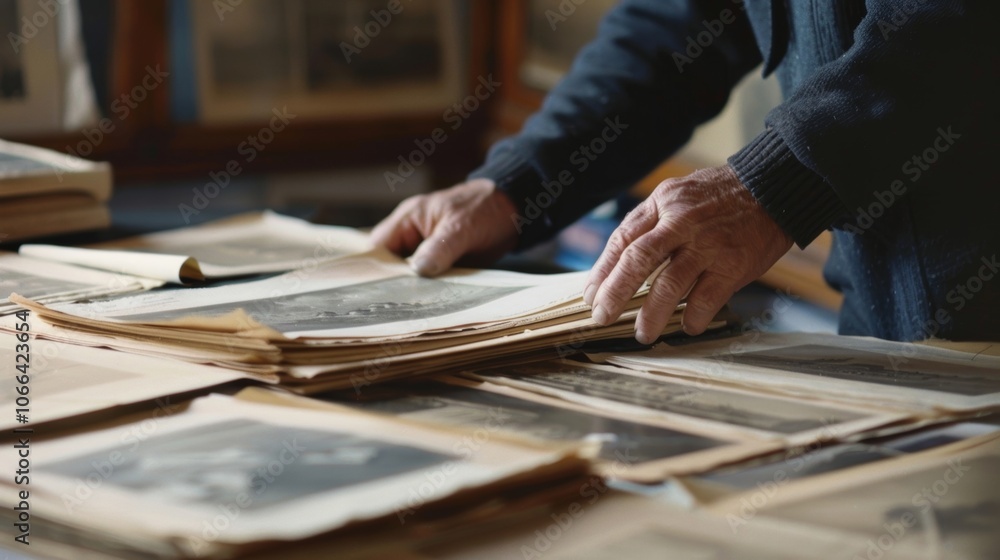 An architectural historian examines archived documents and photographs ...
