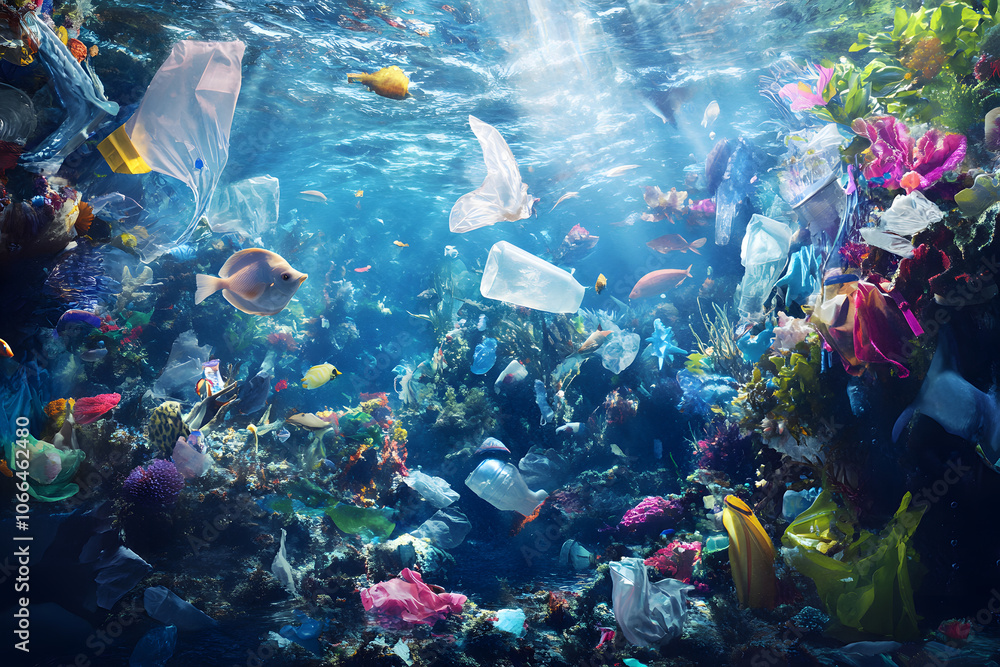 Ocean pollution underwater with plastic waste floating among coral ...