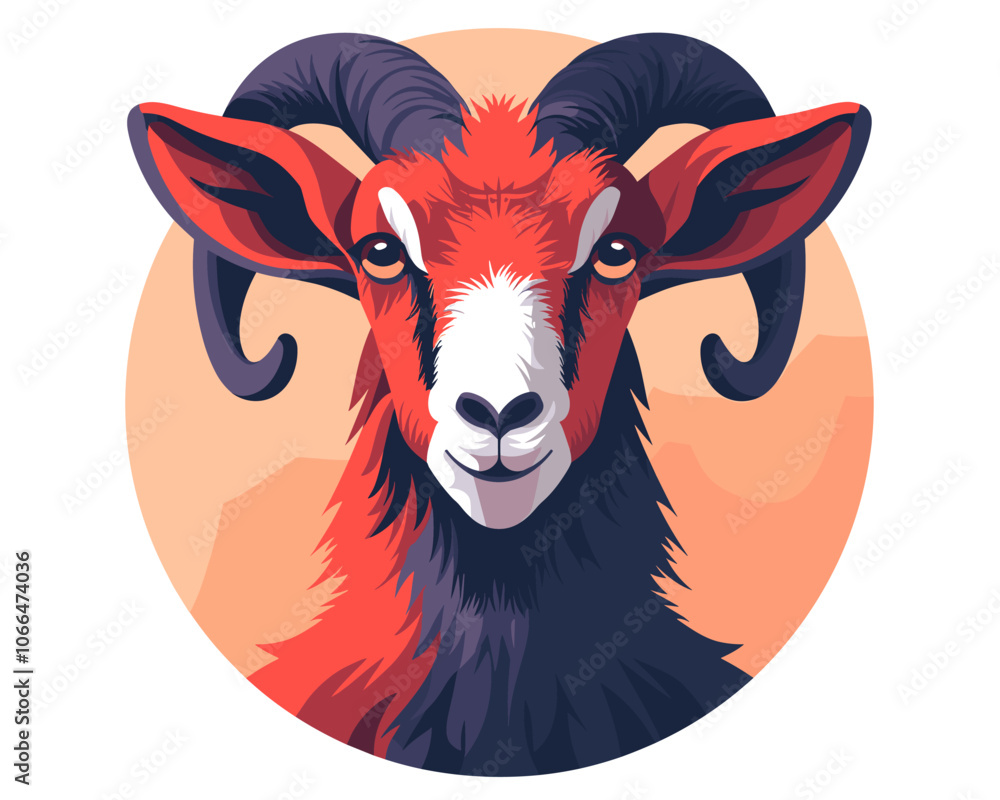 Goat with horns and a smiling face. The goat is red and white. The goat ...