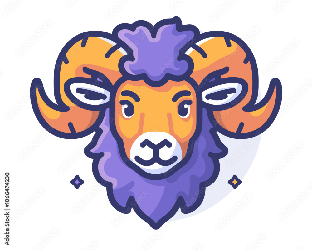 Cartoon ram with a purple and orange face. The ram has a big smile on ...