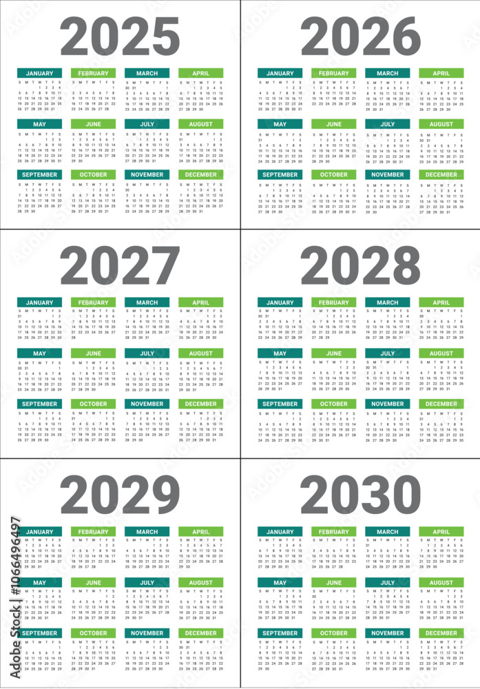 Stock-Vektorgrafik „2025 2026 2027 2028 2029 2030 year calendar vector ...