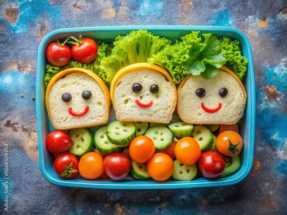 Cheerful Bento Box with Smiley Face Bread, Cherry Tomatoes, and ...