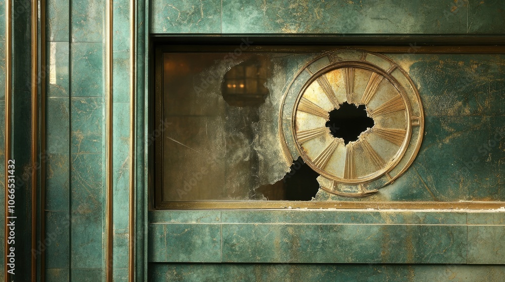 Gunshot hole in a window of a penthouse, emphasizing the art deco style ...