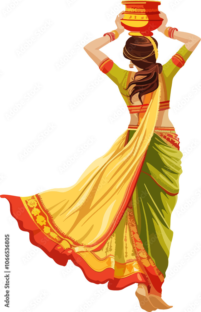 Indian woman in saree carrying a pot on her head, celebrating Gangaur ...
