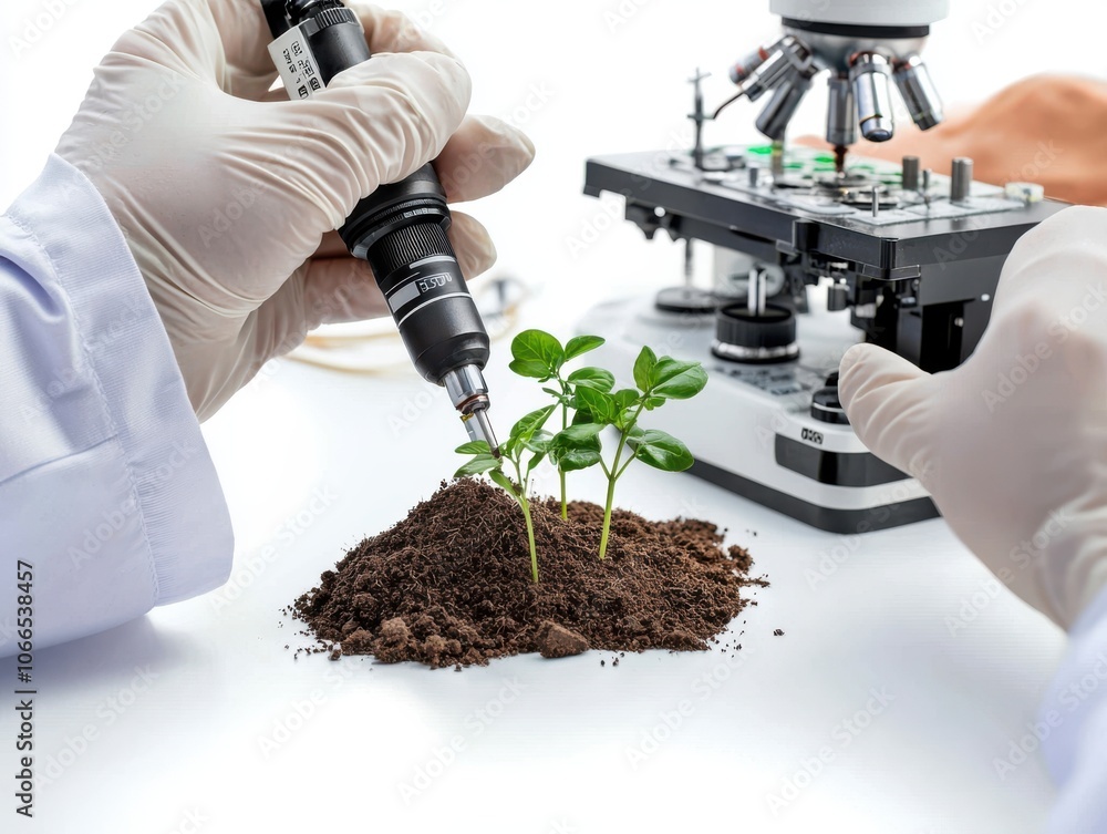 Researcher analyzes plant growth using advanced microscopy techniques in a controlled lab ...