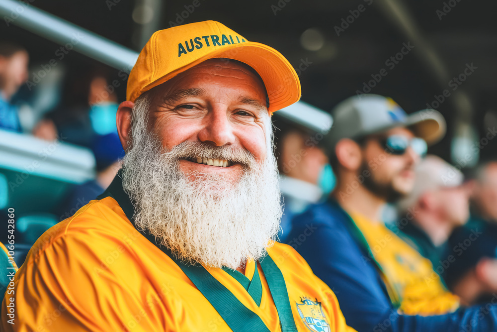Smiling Elderly Australian Fan with White Beard in Stadium. Older man ...