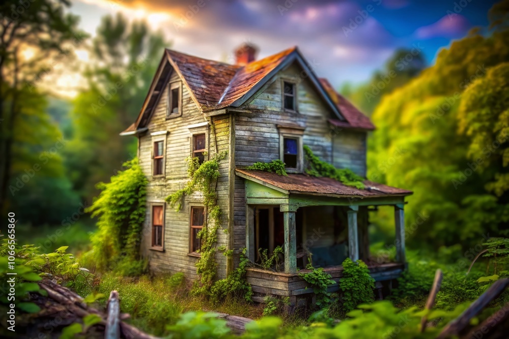Abandoned House in Ruins: Tilt-Shift Photography of a Run Down Structure Surrounded by Overgrown ...
