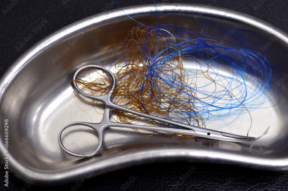 surgical suture, stitch, stitches with a forceps in a stainless steel ...