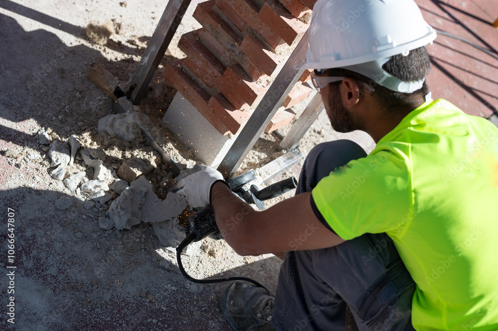 Albañil trabajando en una obra de construcción de ladrillos con paleta ...