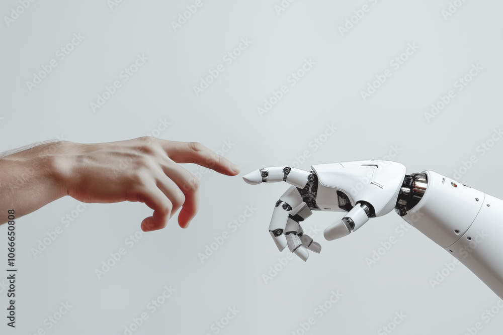 A white cyborg robotic hand with an extended finger pointing toward a ...