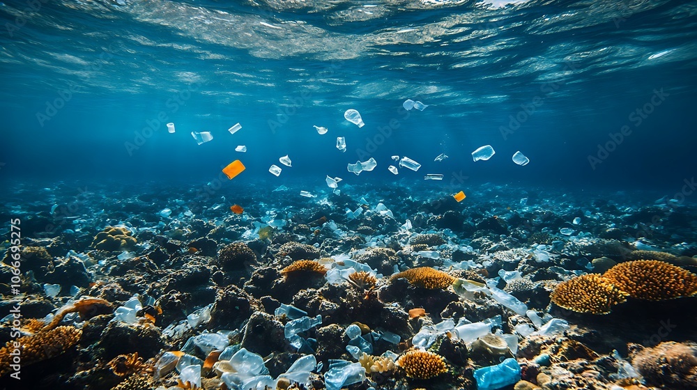 An underwater scene showing plastic waste floating among coral reefs ...