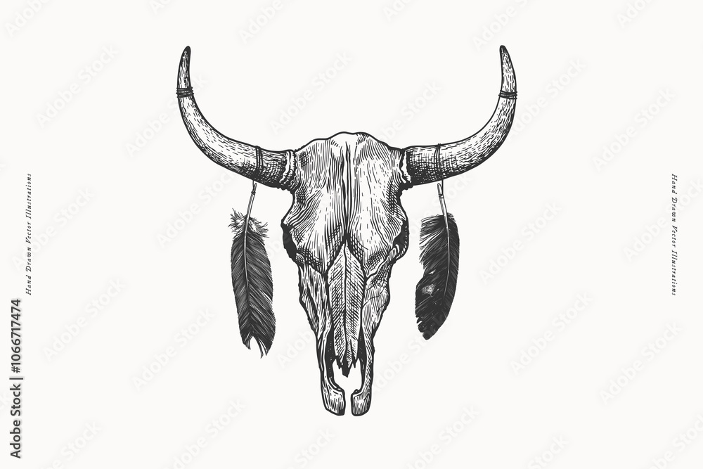 Cow skull with horns decorated with feathers. Ritual symbol of ancient ...
