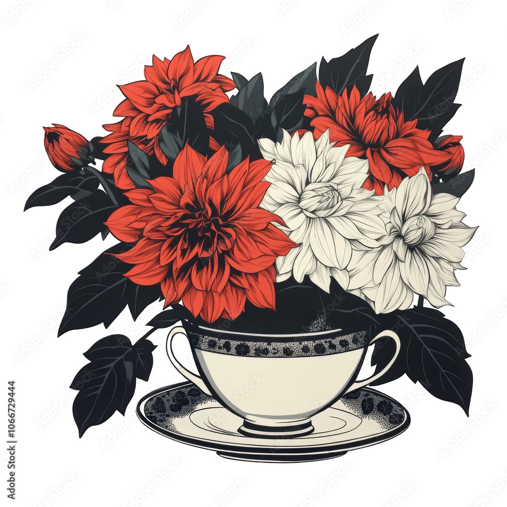 Cottagepunk-Style Vintage Teacup with Dahlias, Featuring Bold ...