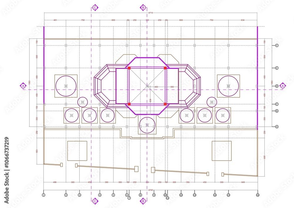 Ilustración de Stock 2D top view floor plan of a dome-roof structure ...