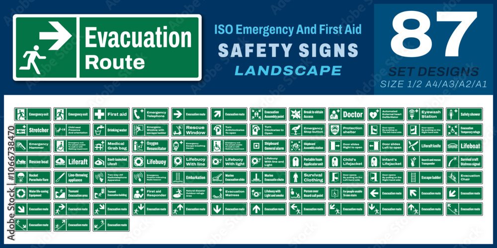 87 set iso emergency and first aid safety signs v70_evacuation route ...